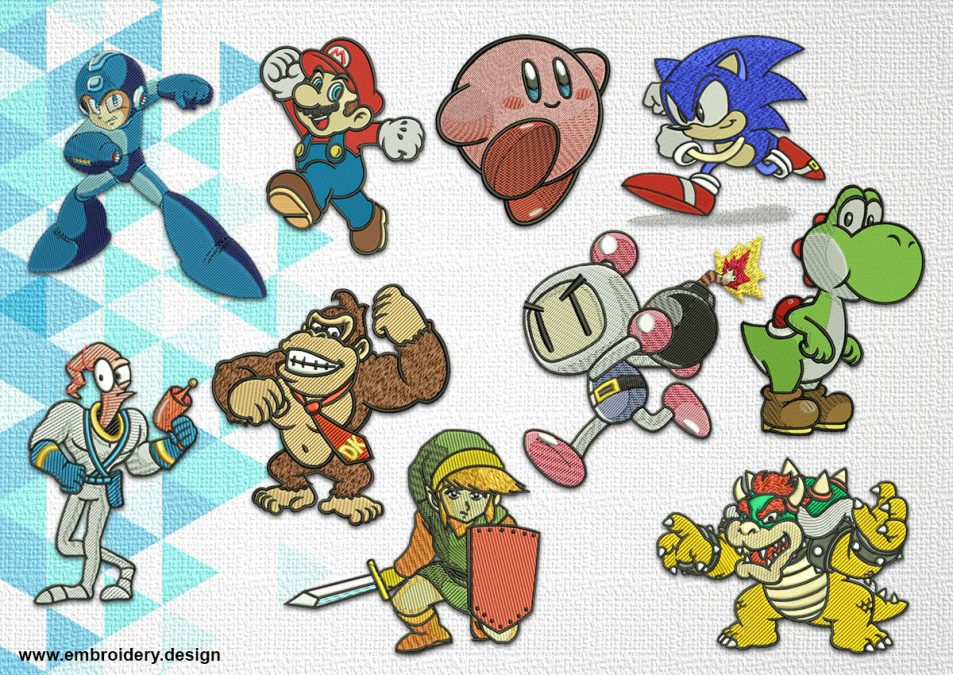 Old School Video Games characters embroidery designs pack (10 qty)