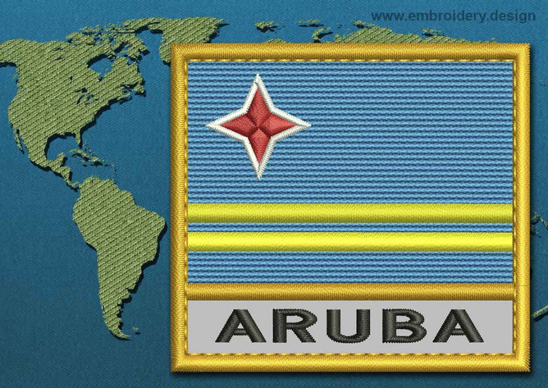 Aruba Text Flag Embroidery design with a Gold Border