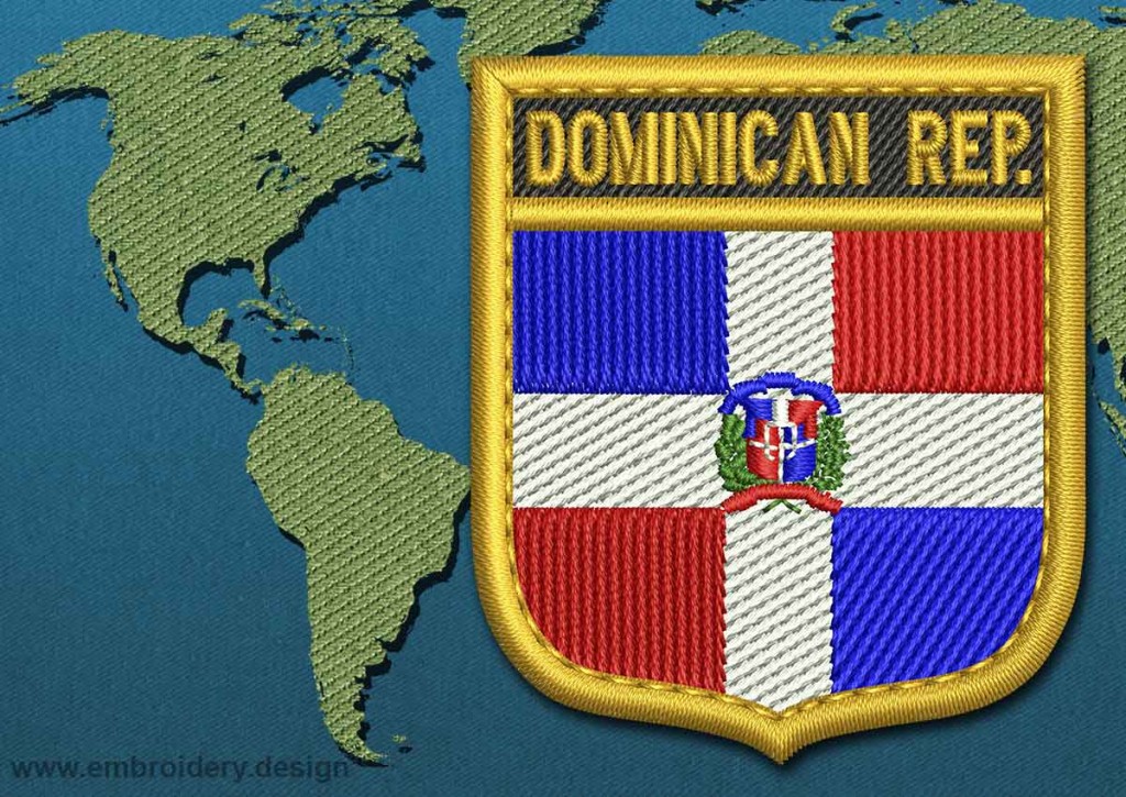 Dominican Republic Shield Flag Embroidery design with a Gold Border