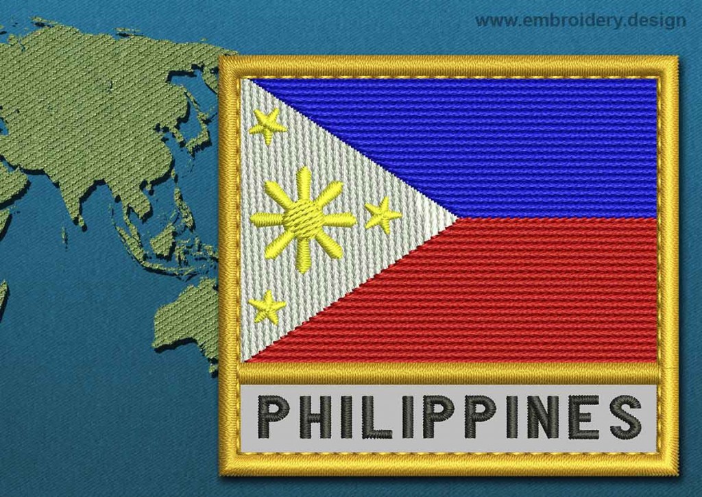 Philippines Text Flag Embroidery design with a Gold Border