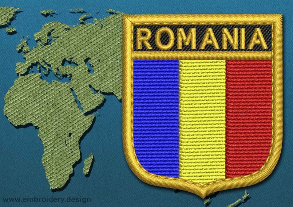 Romania Shield Flag Embroidery design with a Gold Border