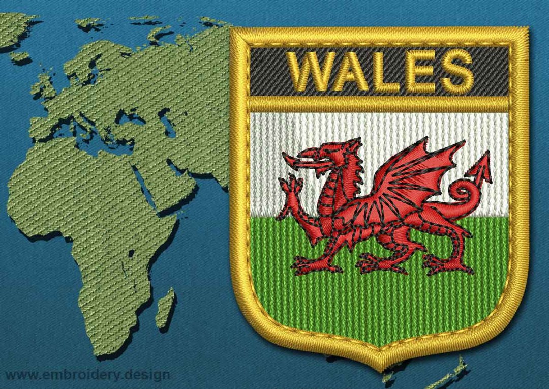 Wales Shield Flag Embroidery design with a Gold Border