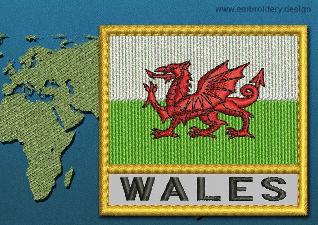 Wales Text Flag Embroidery design with a Colour Coded Border