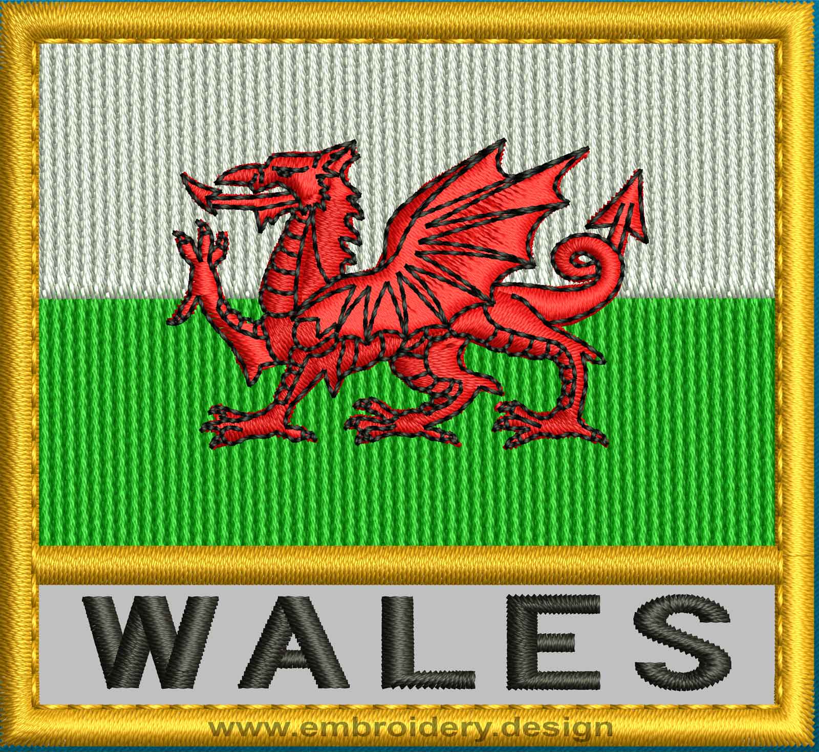 Design embroidery Flag of Wales with Text Caption and Gold Trim by ...